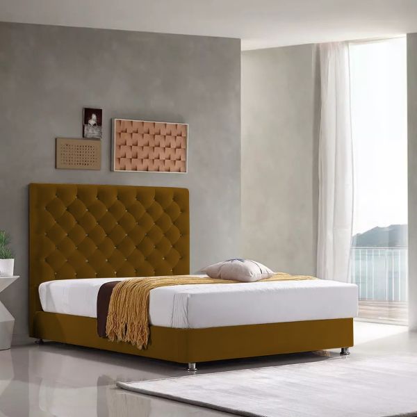 Marina Plush Velvet Bed - Mustard in 5 Sizes