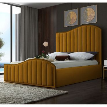 Mevena Plush Velvet Fabric Bed, Mustard Colour - 5 Sizes